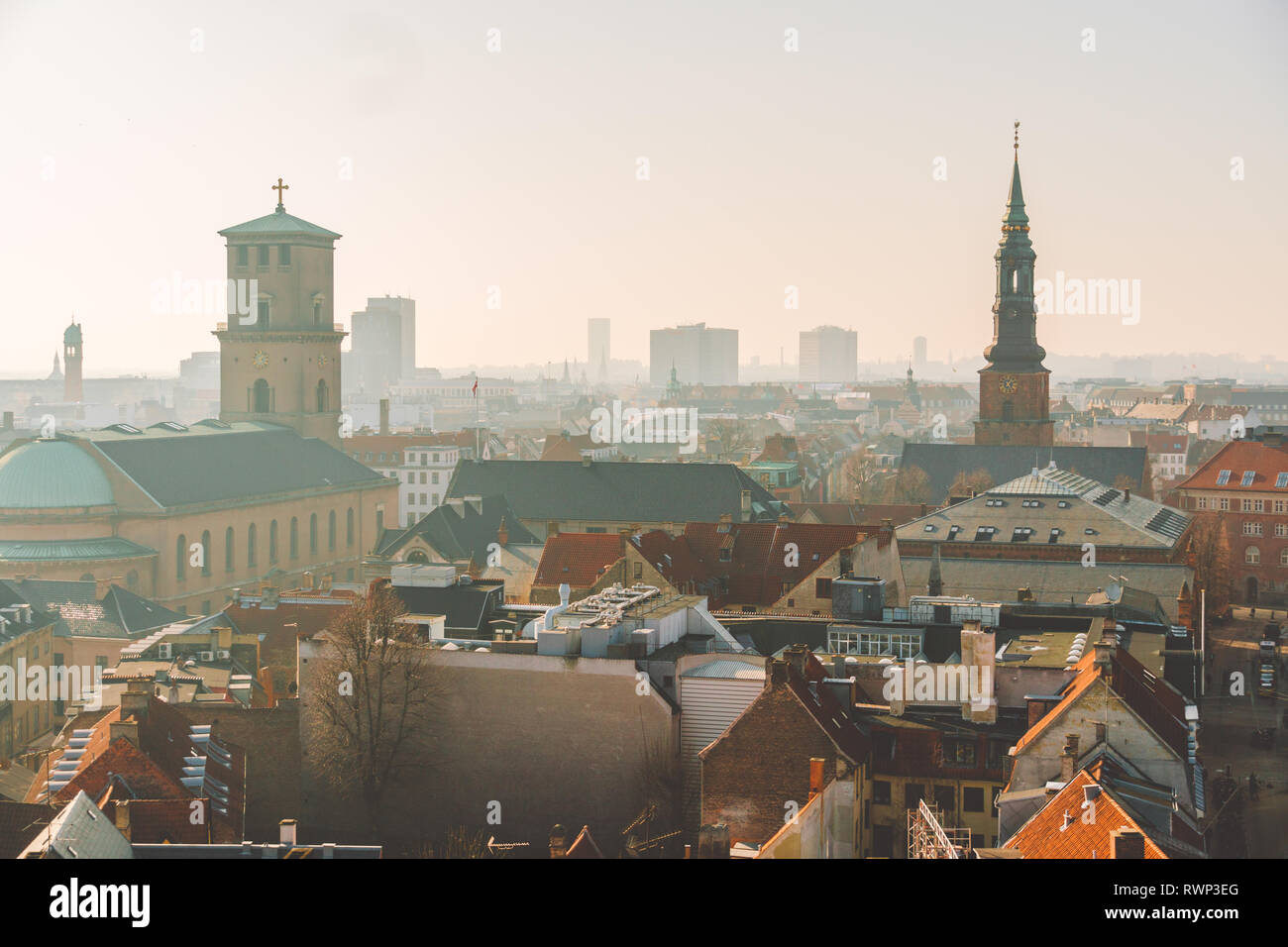 February 18, 2019. Denmark Copenhagen. Panoramic top view of the city ...