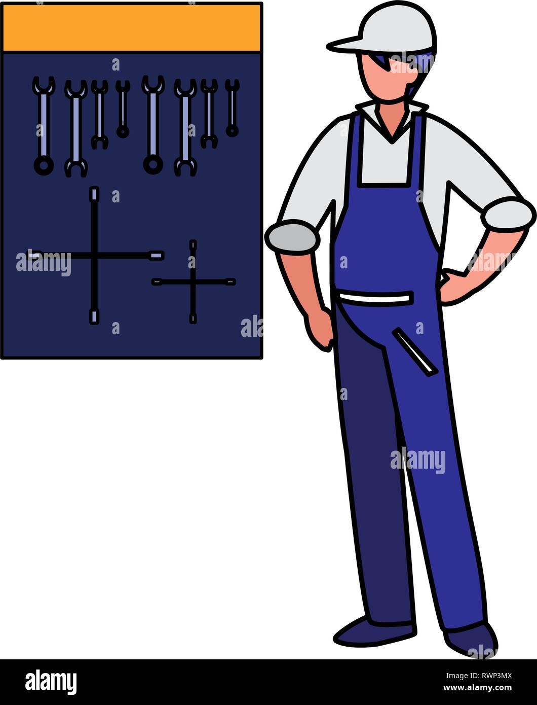 mechanic worker with tools board hanging vector illustration design ...