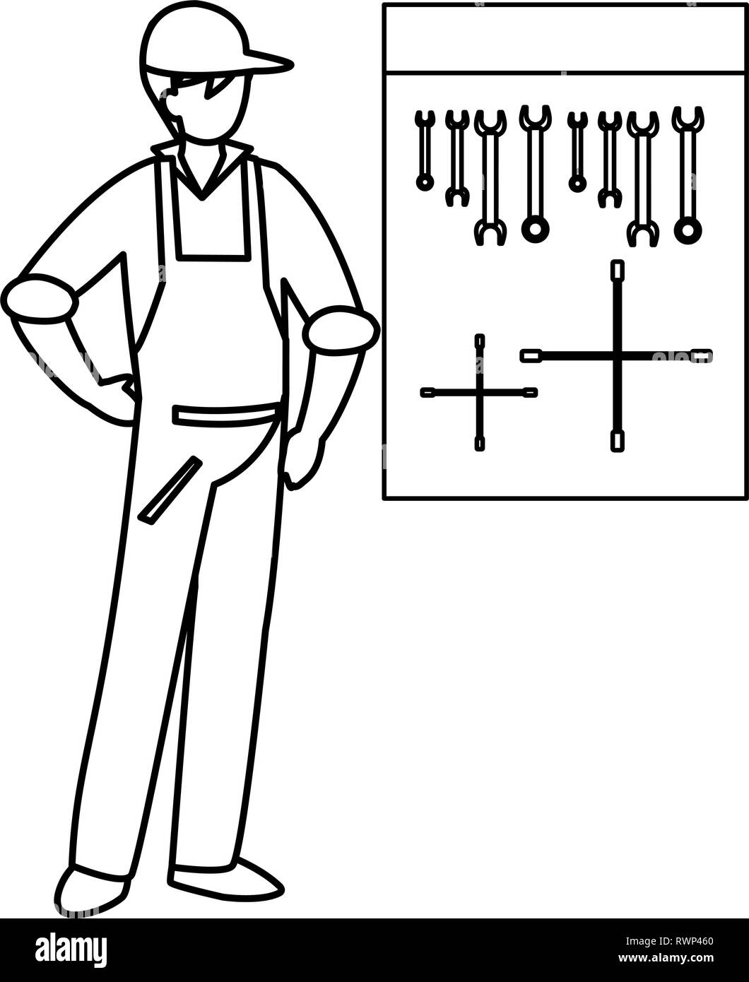 mechanic worker with tools board hanging vector illustration design ...
