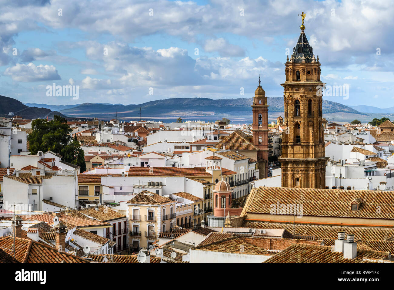 The town of Antequera with church towers in the skyline; Antequera ...