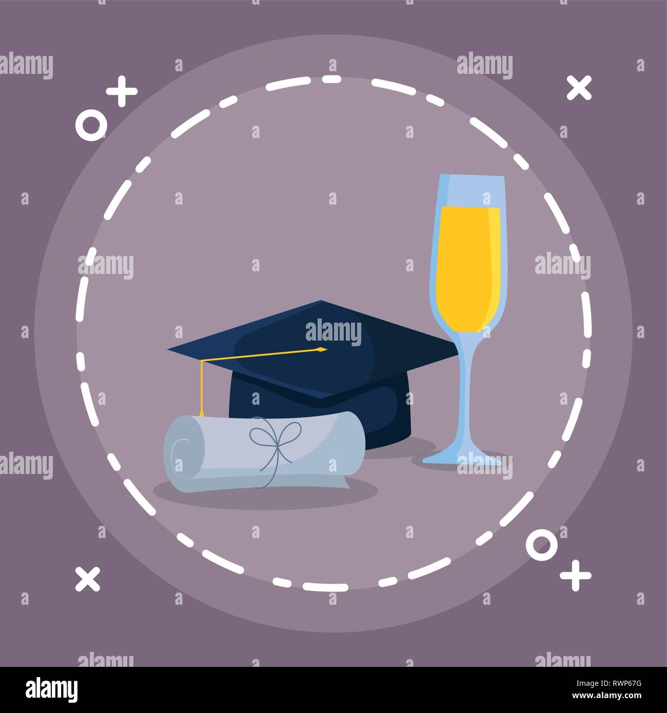 graduation certificate and hat with champagne cup vector illustration ...