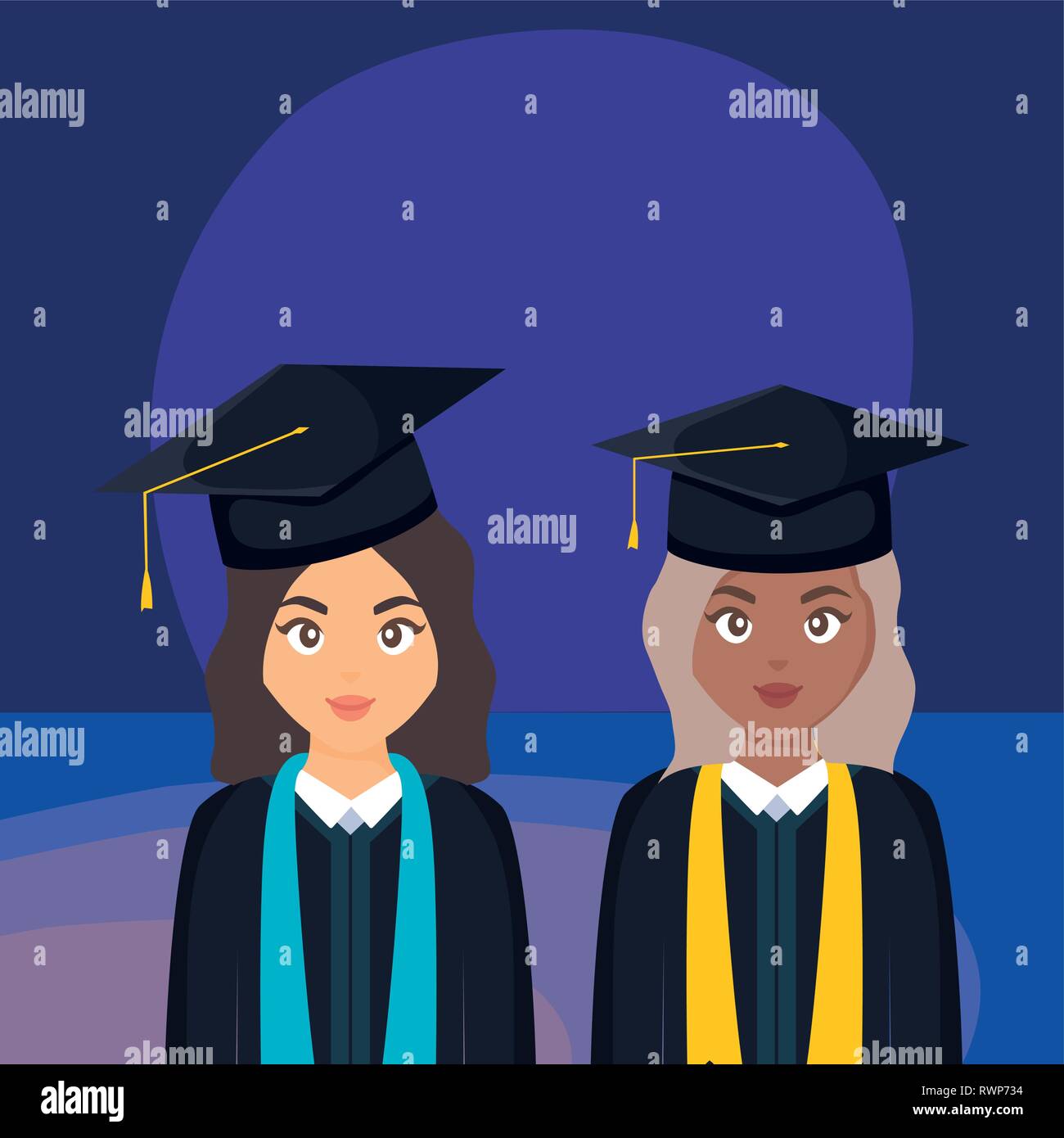 young students graduated girls diversity characters vector illustration ...