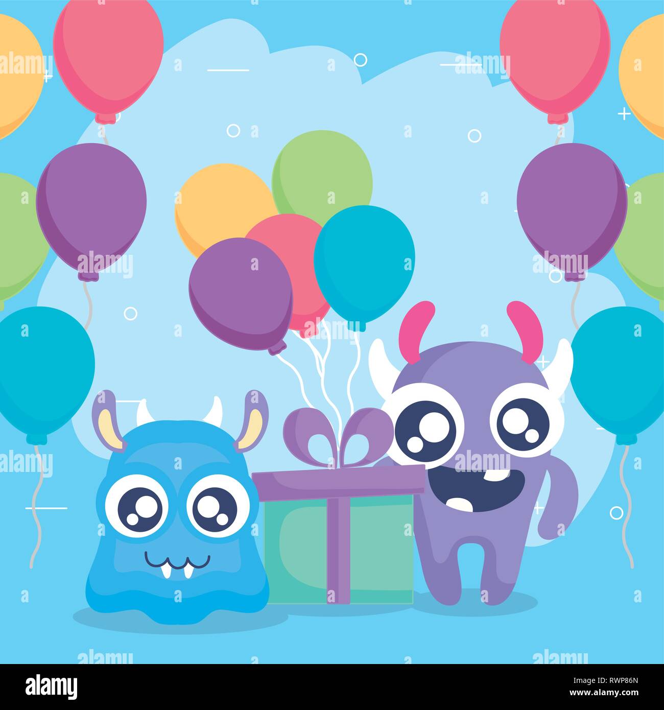 crazy monsters with gift and balloons helium vector illustration design ...