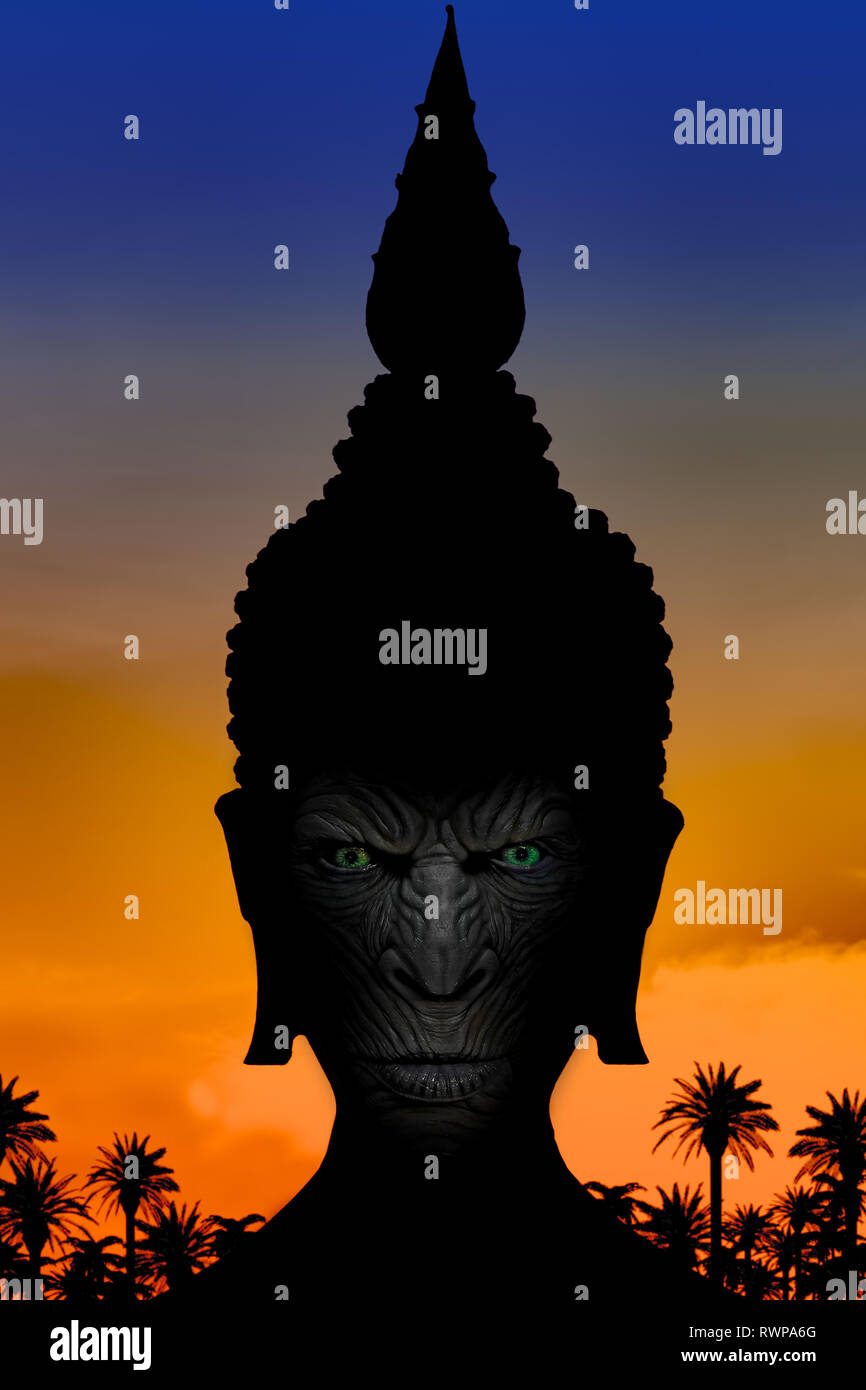 The spooky dangerous face with helmet. he portrait of mysterious ...