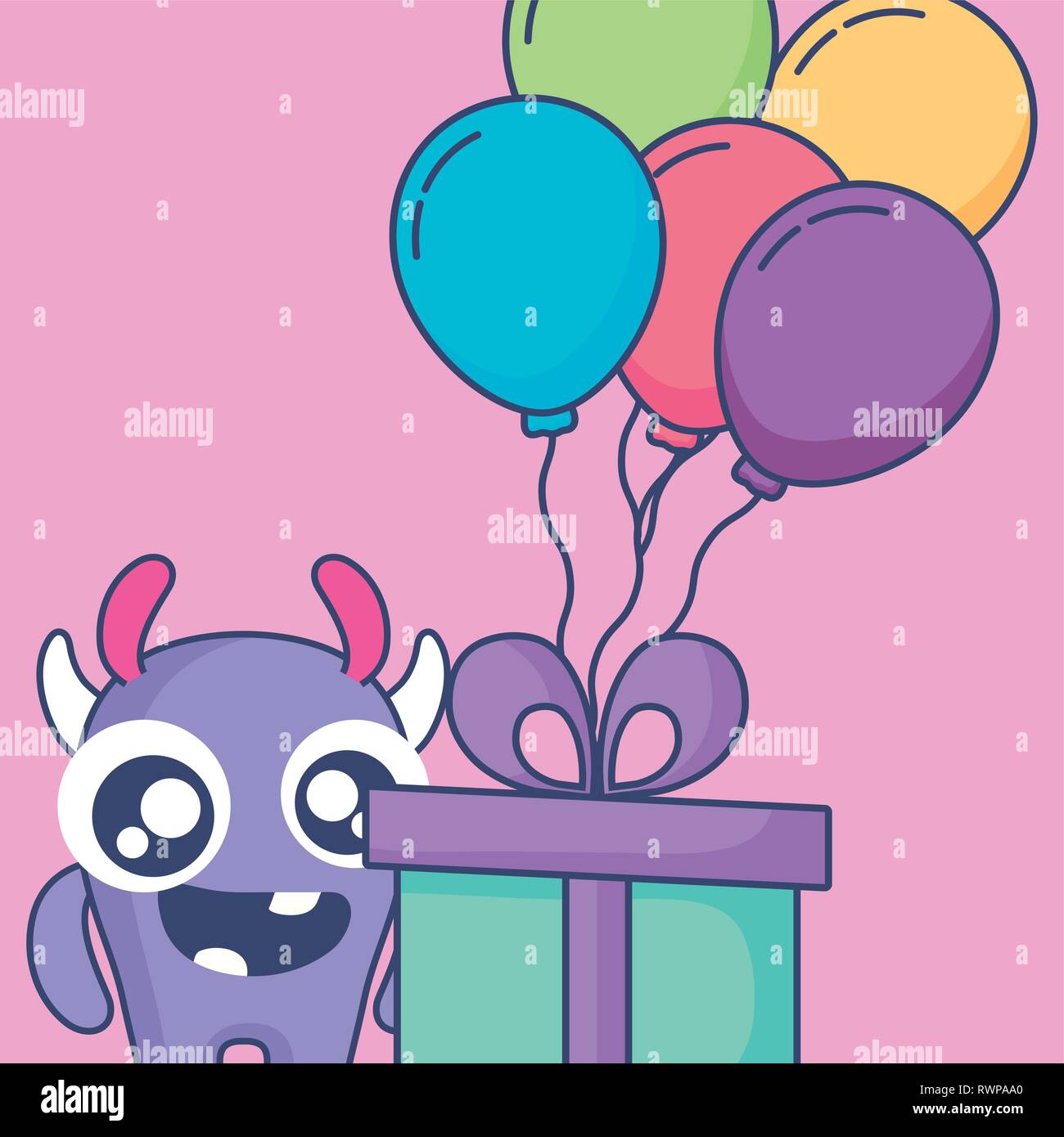 crazy monster with gift and balloons helium character vector ...