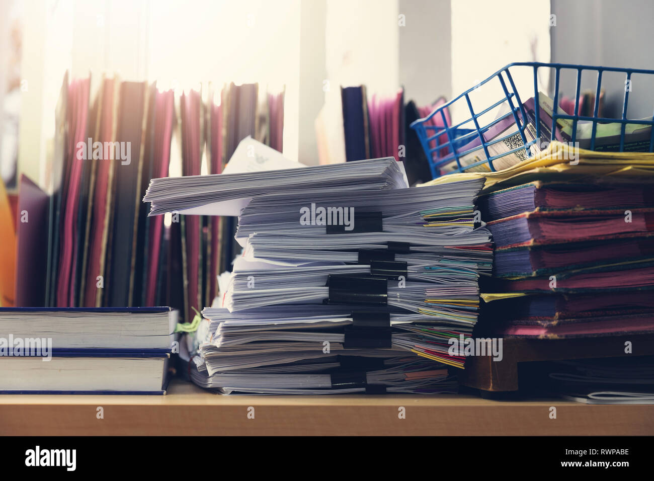 Business and finance concept of office working, Pile of unfinished ...