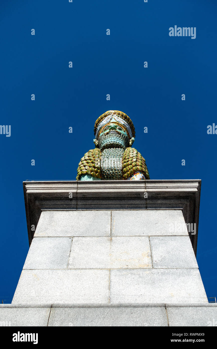 View looking up at Trafalgar Square’s, fourth plinth, Winged Bull, a ...