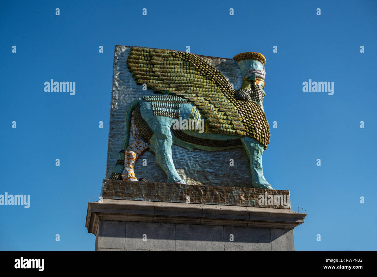 View looking up at Trafalgar Square’s, fourth plinth, Winged Bull, a ...