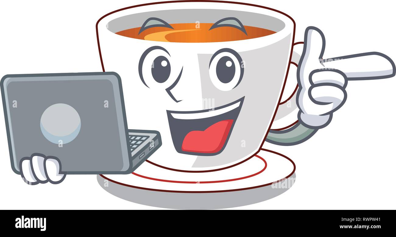 With laptop mint tea above wooden cartoon table Stock Vector Image ...
