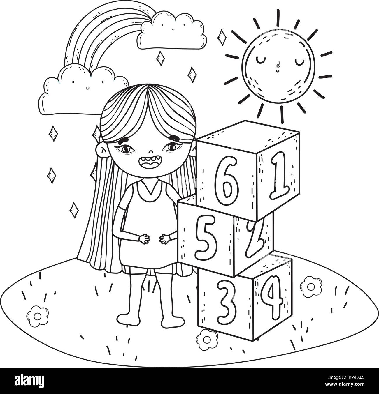 little girl playing with blocks numbers in the camp Stock Vector Image ...