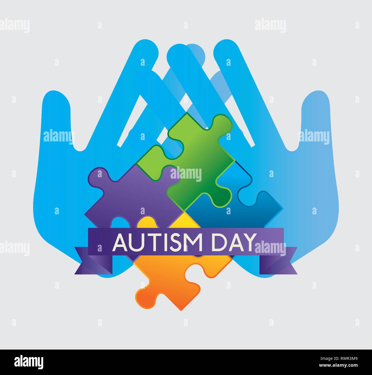 hands with puzzles and ribbon to autism day vector illustration Stock ...