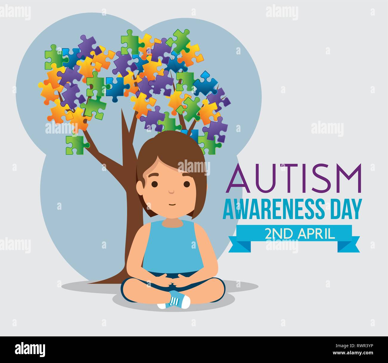 girl and tree with puzzles leaves to autism day vector illustration ...