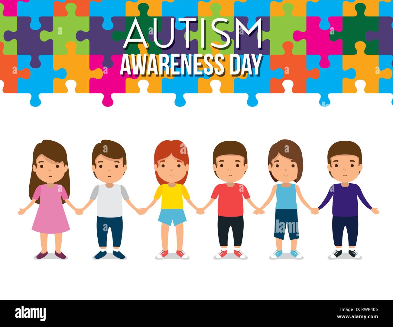 children and hands together with puzzle to autism day vector ...