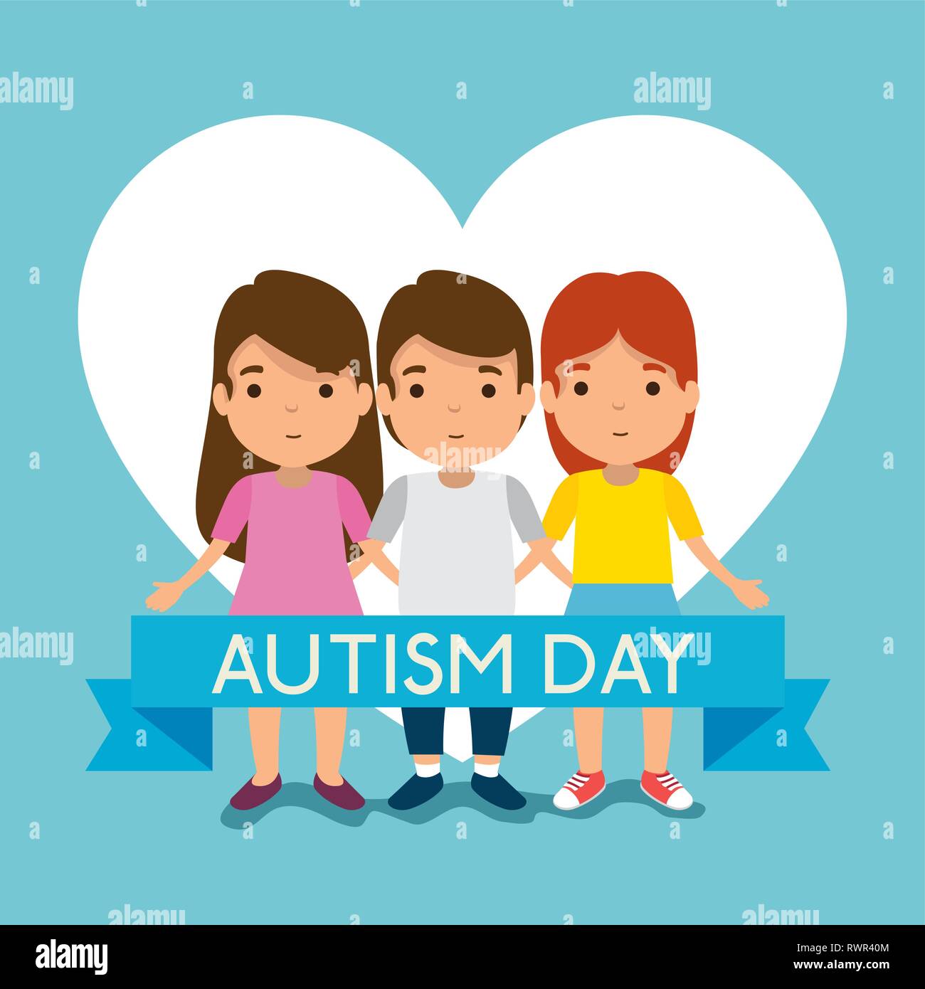 children together with heart and ribbon to autism day vector ...