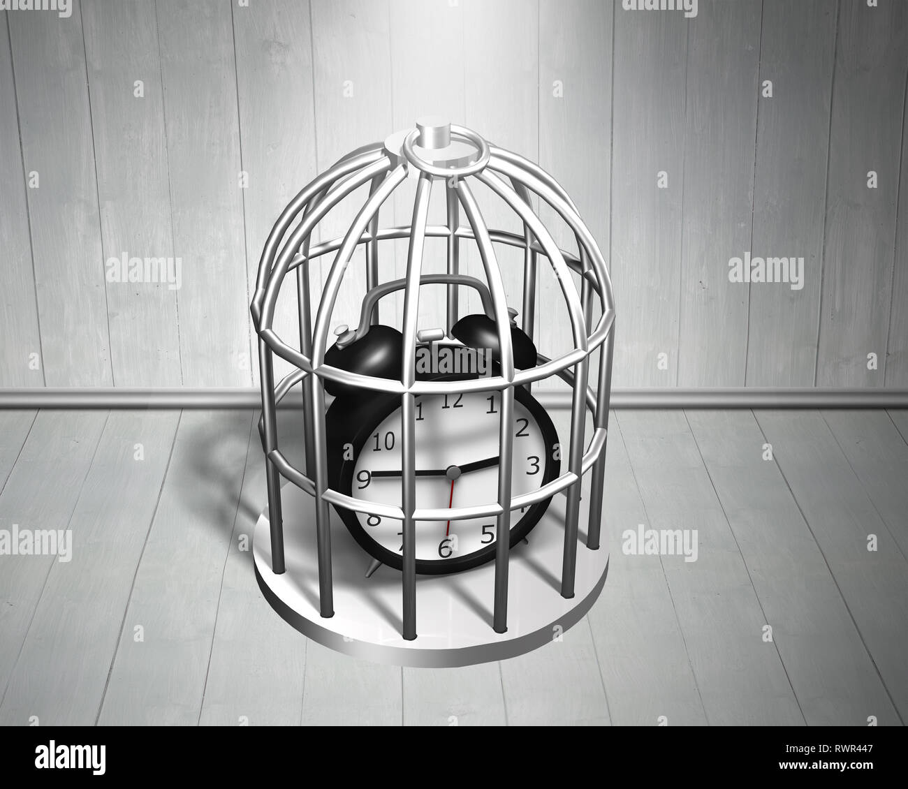 Alarm clock in the silver cage on wooden wall and floor background ...