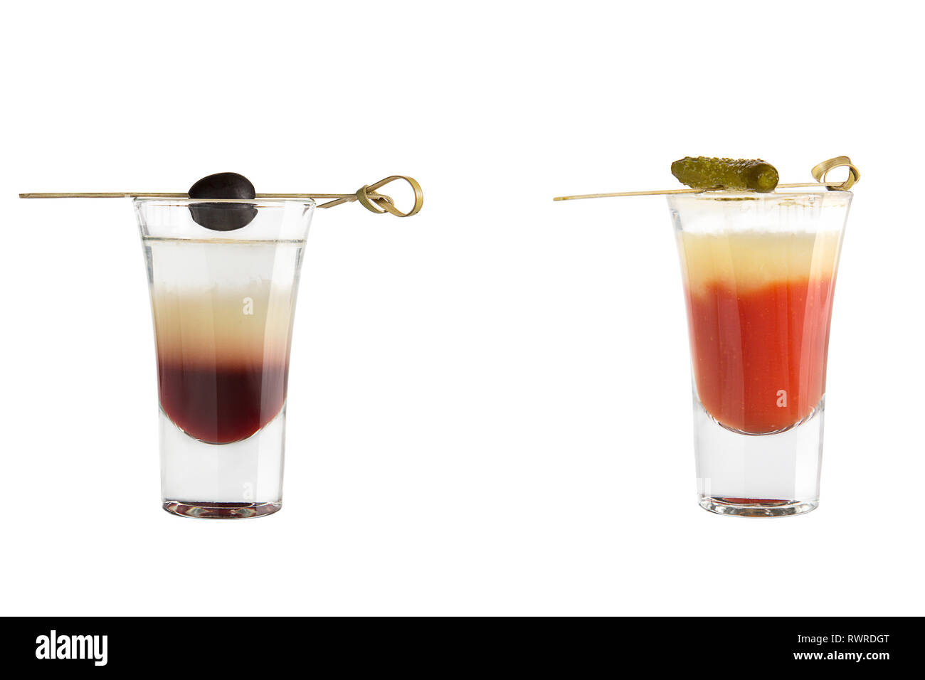 Alcohol shots on a white background. Two shots with decoration ...