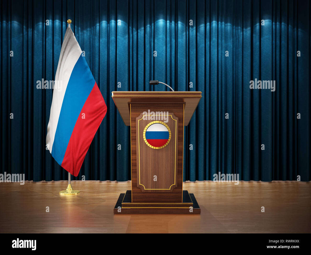 Press conference with flags of Russia and lectern against the blue ...