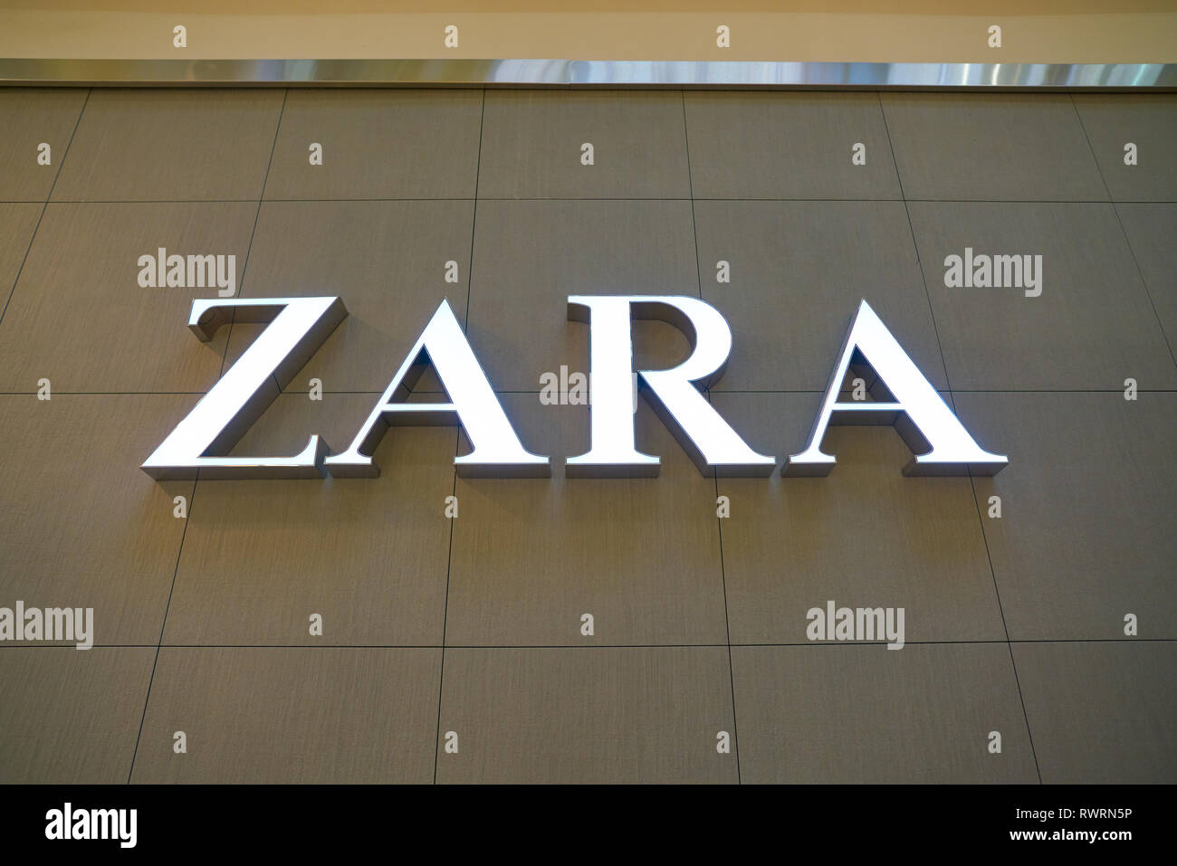 MOSCOW, RUSSIA - CRICA SEPTEMBER, 2018: close up shot of ZARA brand ...