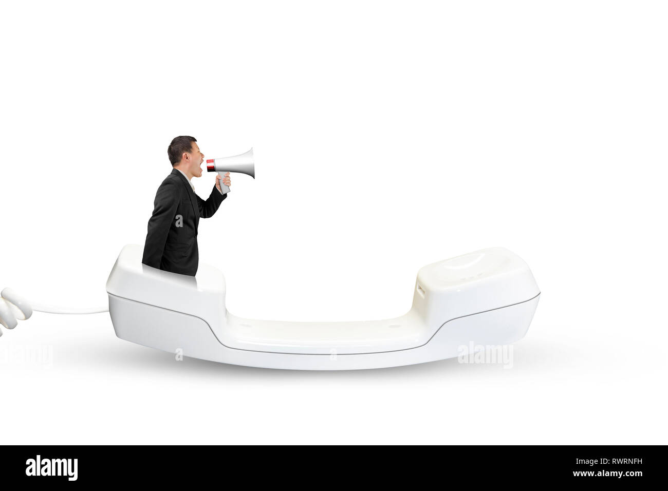 Man using megaphone yelling with telephone handset, isolated on white ...