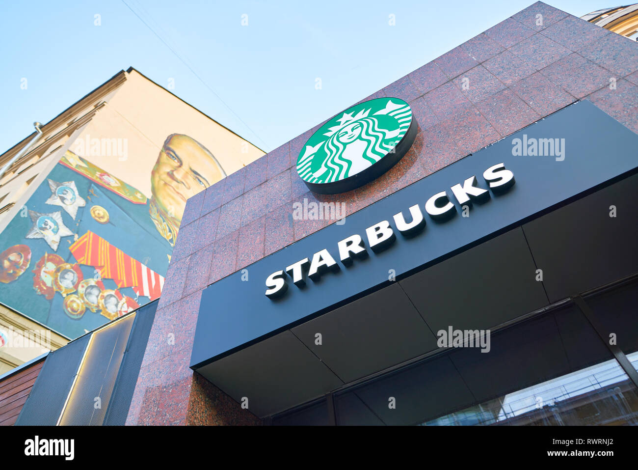 MOSCOW, RUSSIA - CIRCA OCTOBER, 2018: Starbucks coffee shop in Moscow ...