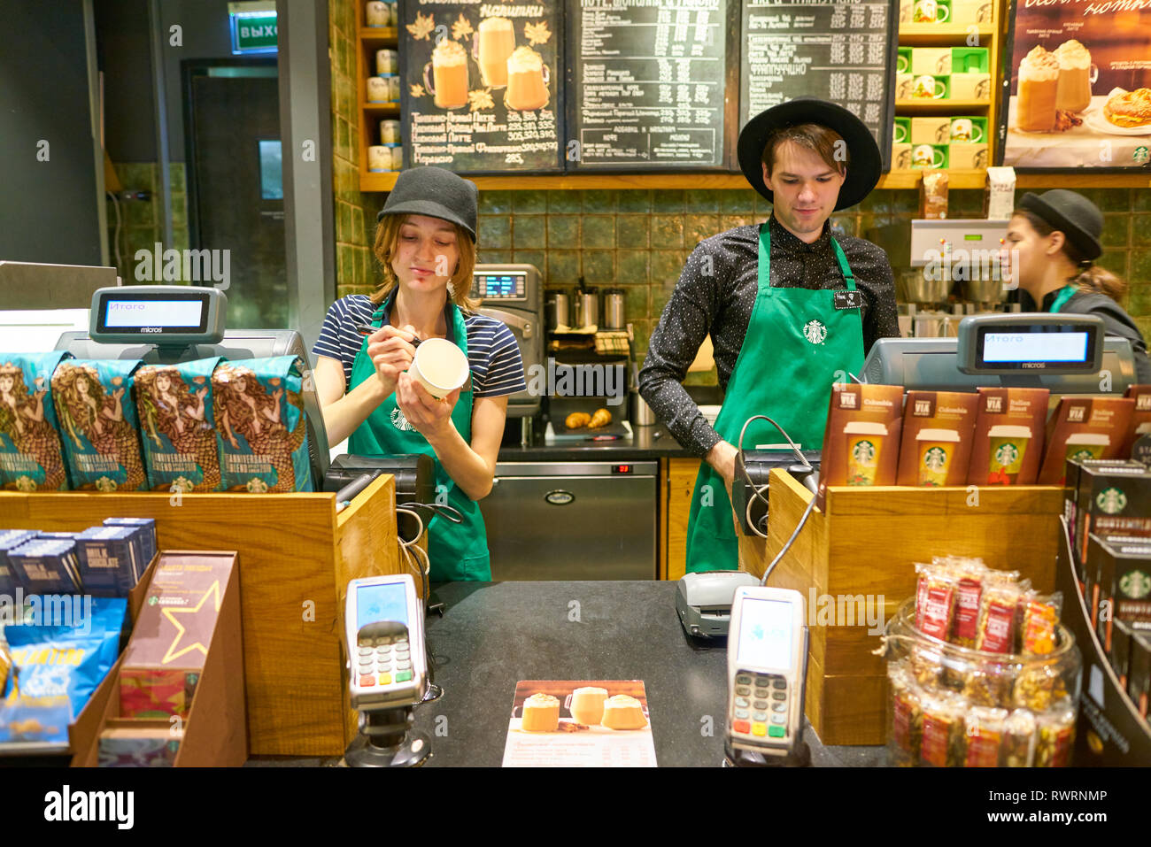 MOSCOW, RUSSIA - CIRCA OCTOBER, 2018: staff at Starbucks in Moscow ...