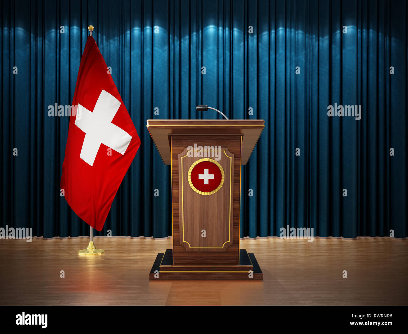 Press conference with flags of Switzerland and lectern against the blue ...