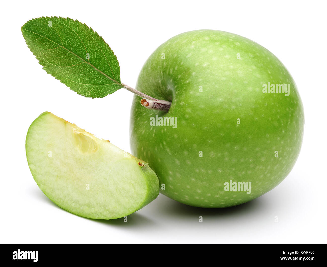 Granny smith apple with slice and leaf isolated on white background ...
