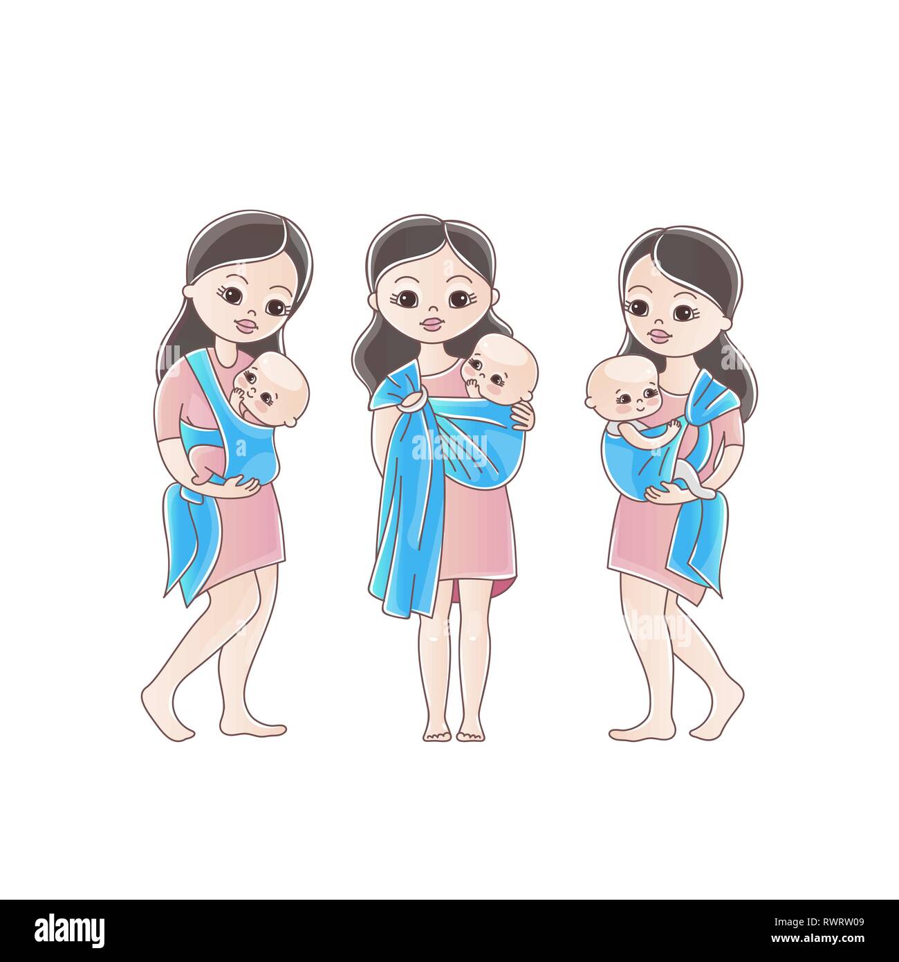 Mothers with his babies in sling scarf. Three positions of baby in ...