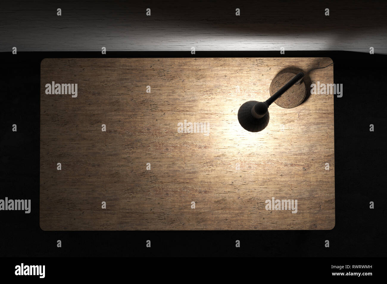 Table lamp with yellow light illuminated the wooden tabletop and bricks ...