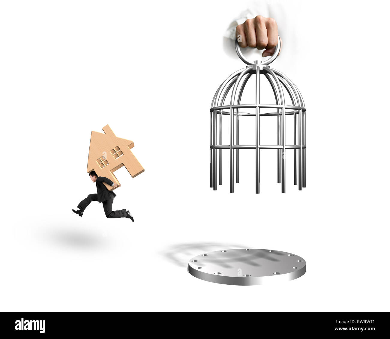 Hand opening the cage and man carrying red wooden house running ...