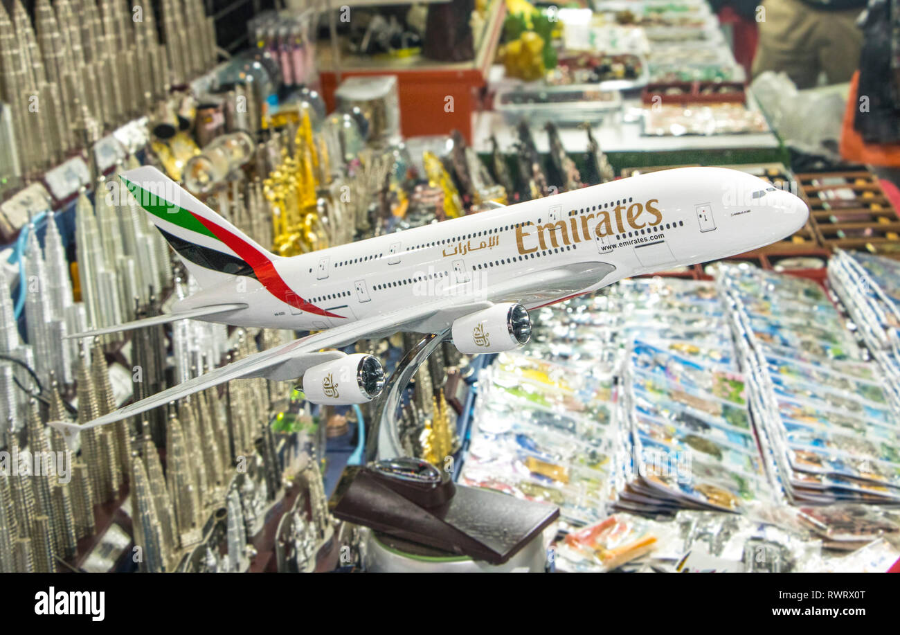 Scale model of Emirates Airbus A380 aircraft in shop store in Kuala ...