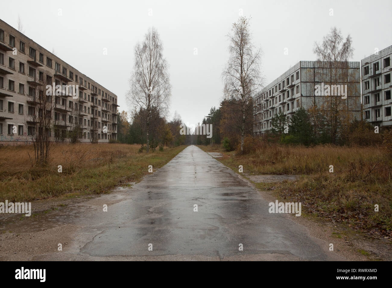 Abandoned apartment blocks and road at former Soviet military base ...