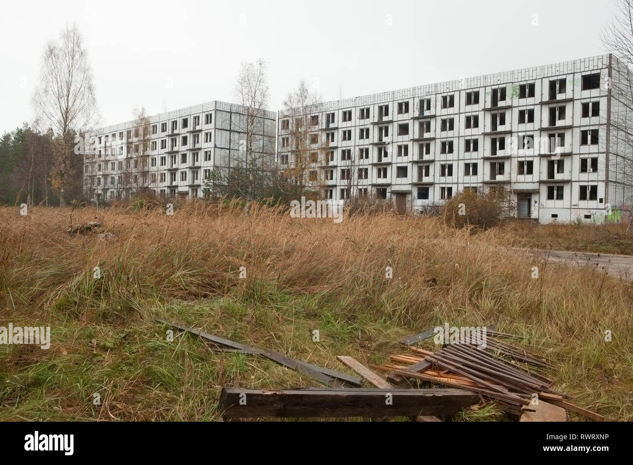 Abandoned apartment blocks at former Soviet military base, Irbene ...
