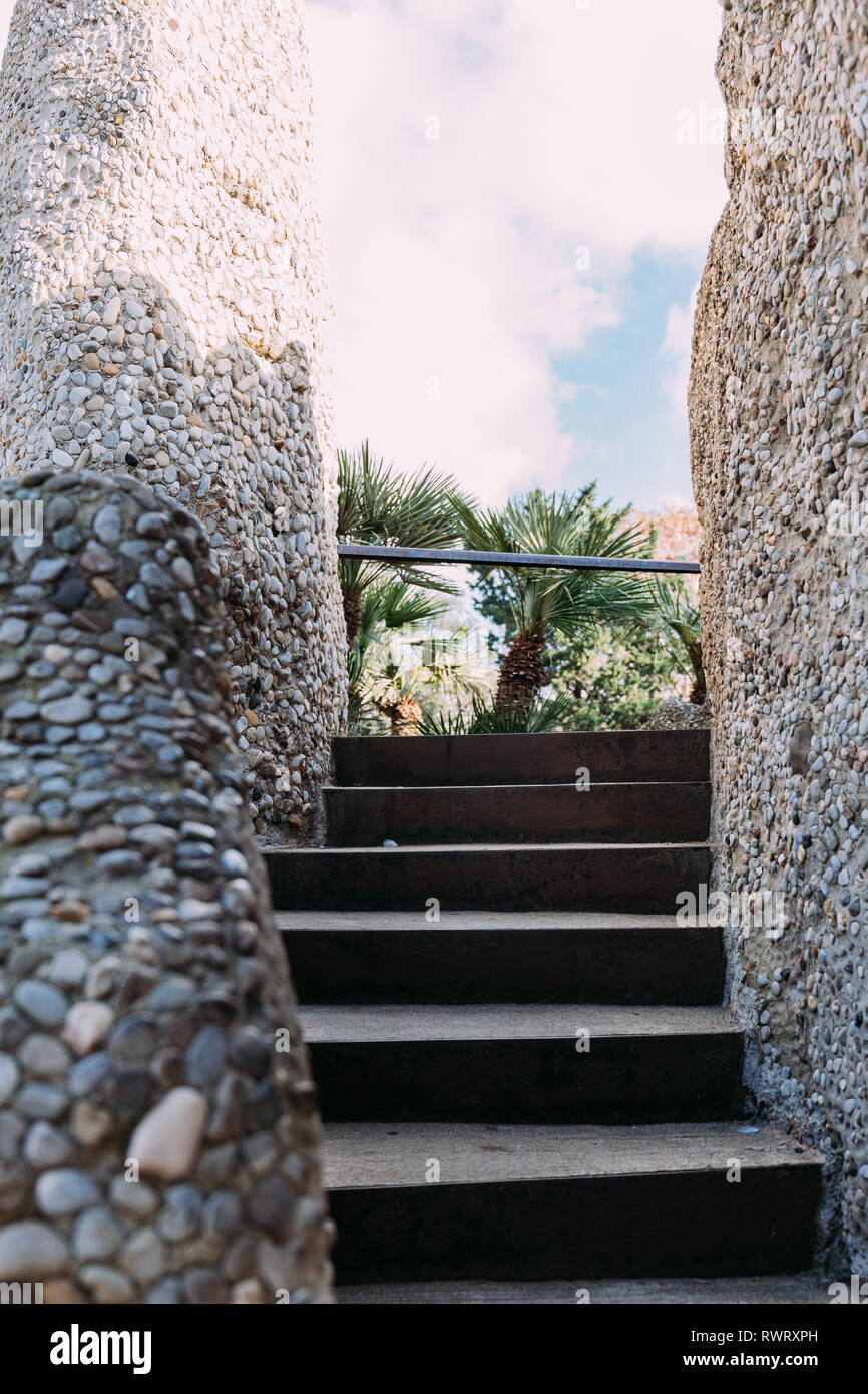 staircase with multicolored stone walls, barcelona, spain Stock Photo ...