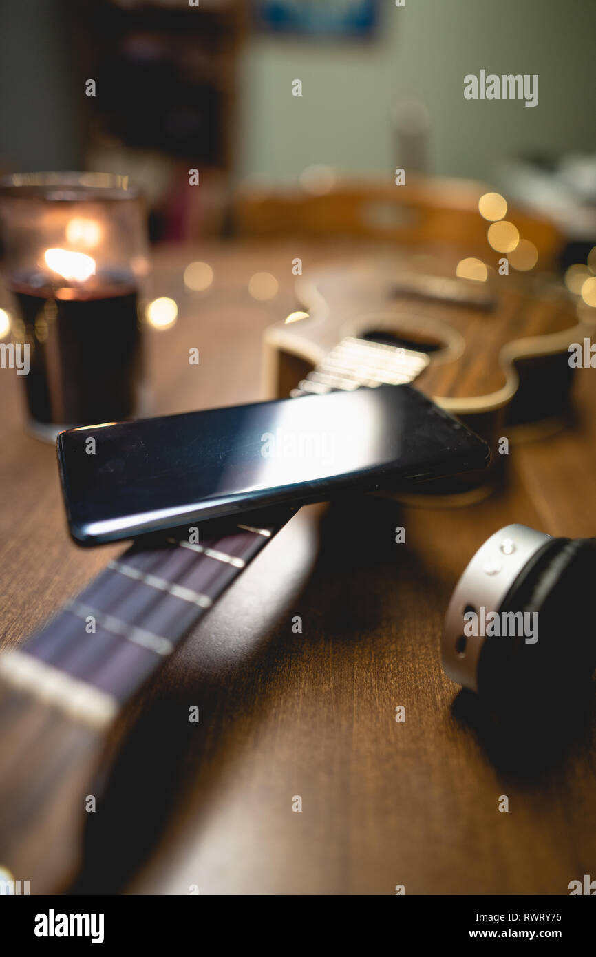 Smartphone On Wooden Table with Decor Stock Photo - Alamy