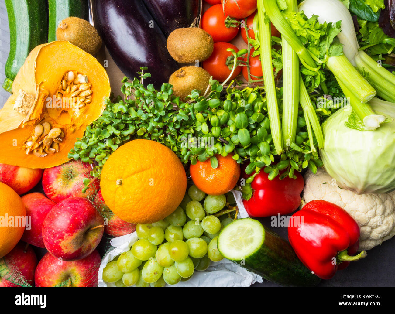Colorful fruits and vegetables background, Assortment of fresh vitamin ...