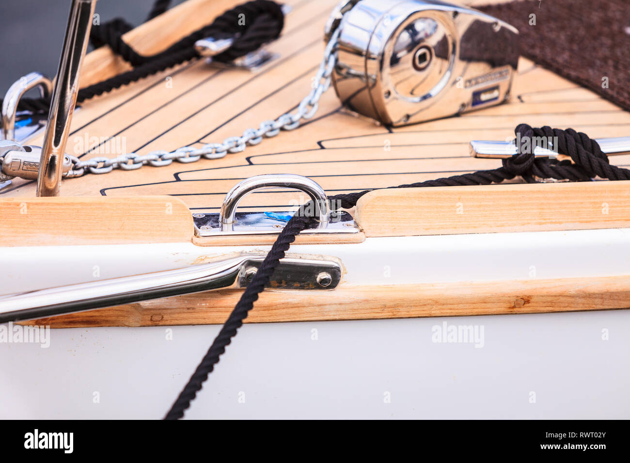 Yachting. Sailboat view of different parts of yacht, block with rope ...