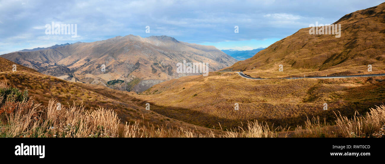 Around New Zealand - Cardrona Valley Pass - panorama Stock Photo - Alamy