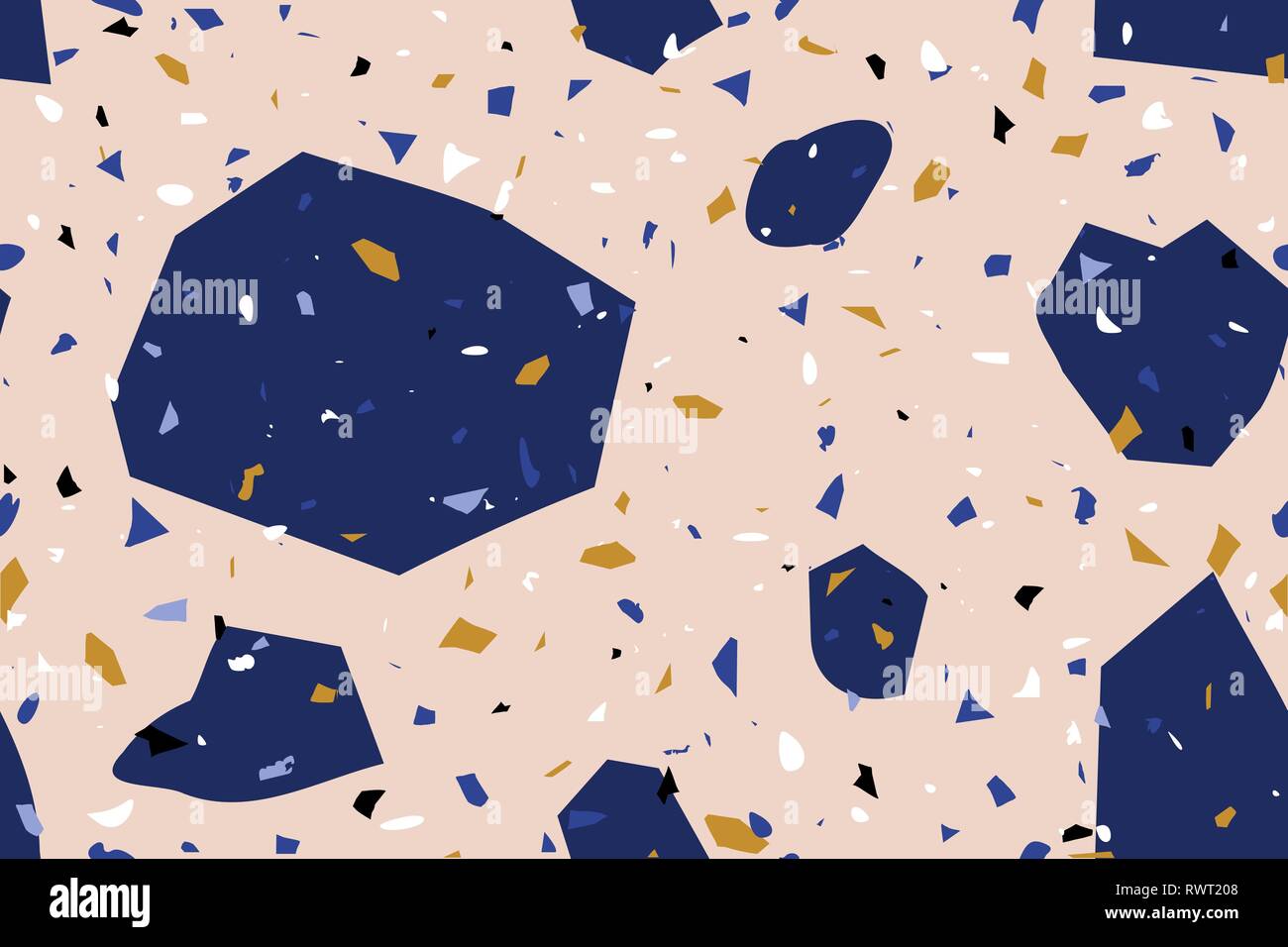 Seamless repeating terrazzo pattern in blue, yellow, black and white on ...
