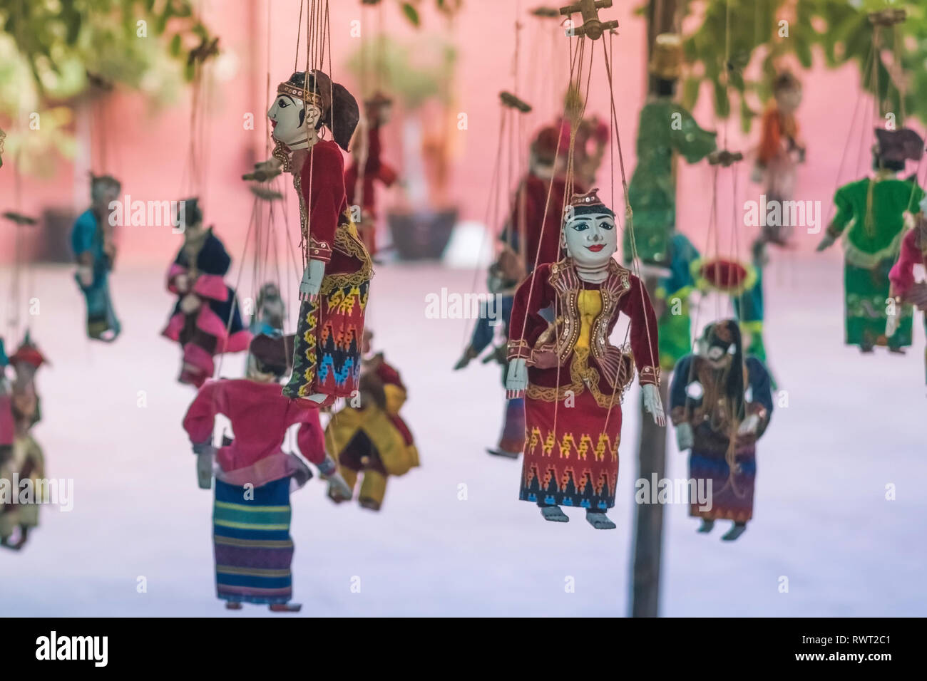 Traditional handicraft puppets for sale in the ancient pagoda in Bagan ...
