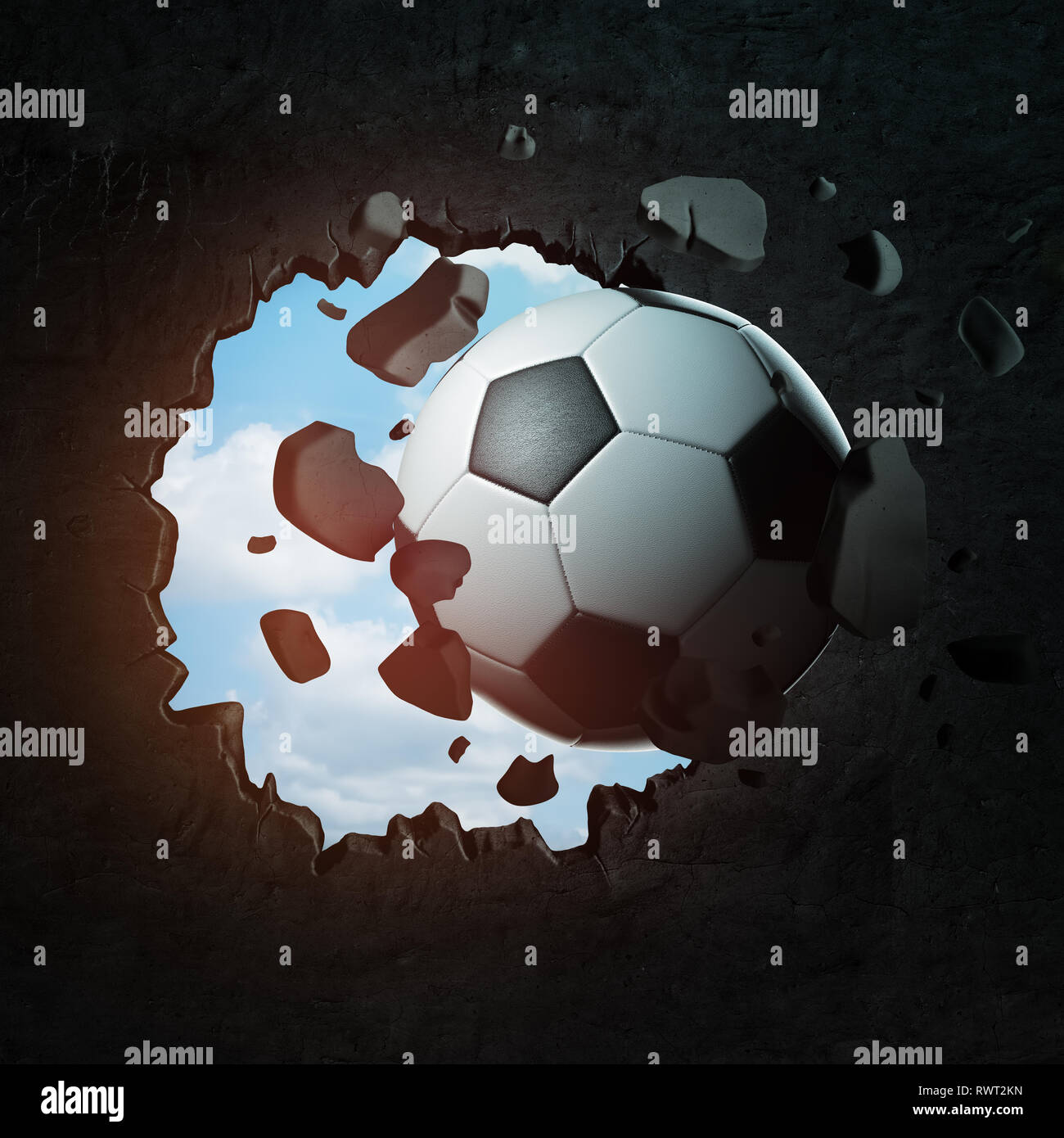 3d close-up rendering of a football punching a big round hole in the ...