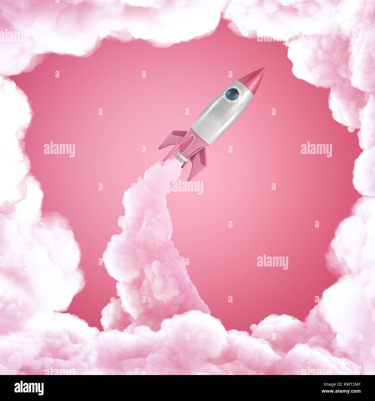 3d rendering of silver pink space rocket launching on pink sky and ...