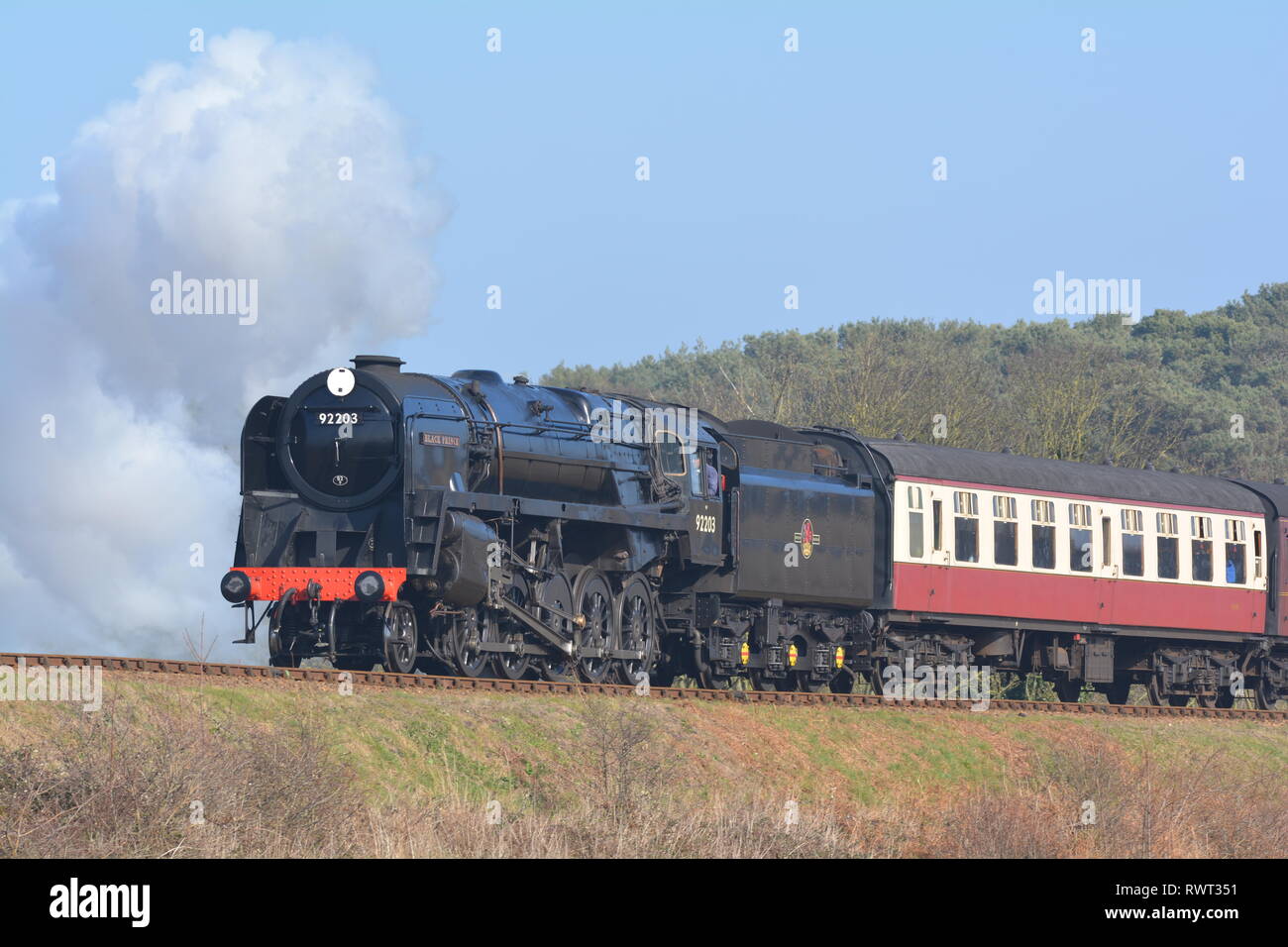 Black Prince, large black steam engine steaming through the countryside ...