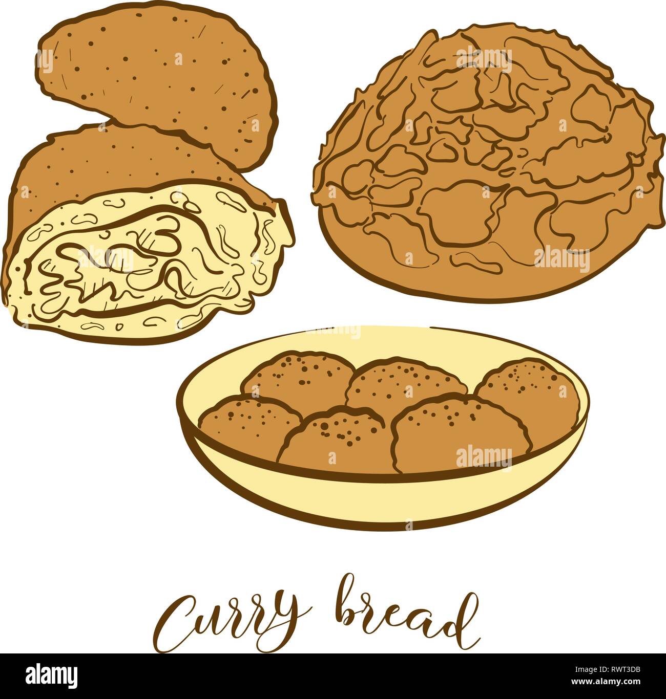 Colored sketches of Curry bread bread. Vector drawing of Bun food ...