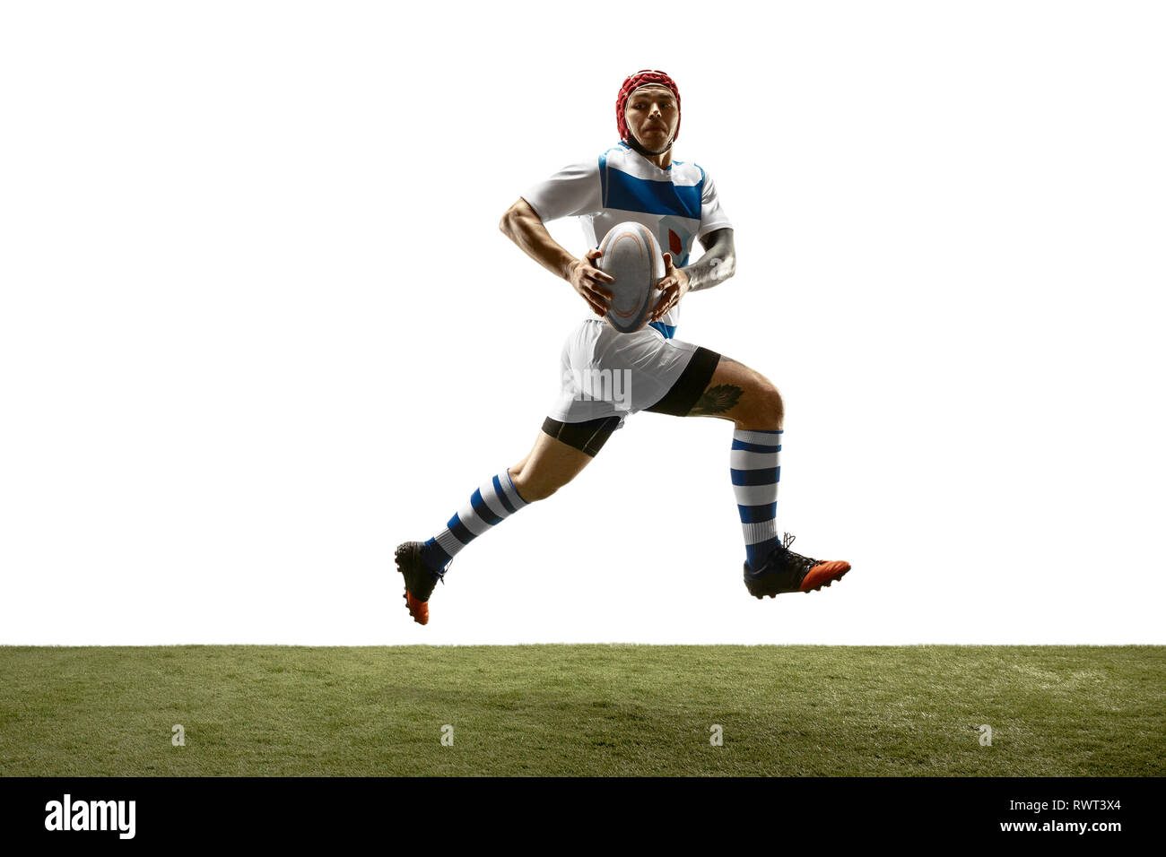 The silhouette of one caucasian rugby man player isolated on white ...