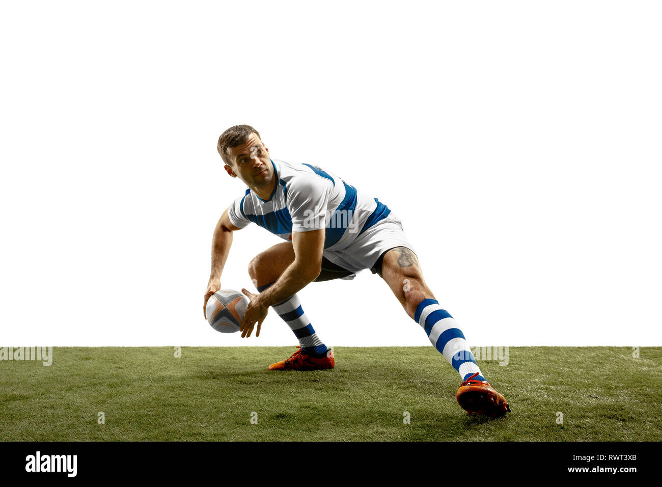 The silhouette of one caucasian rugby man player isolated on white ...