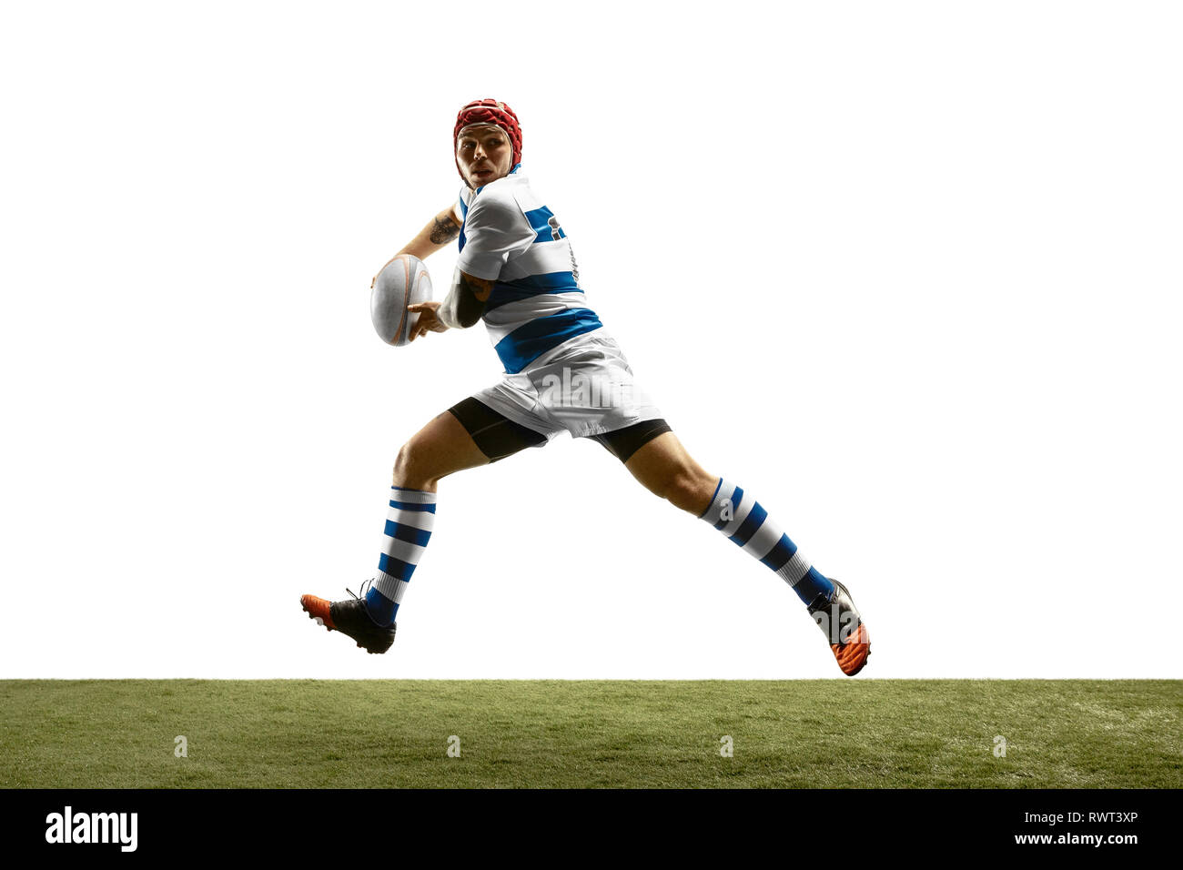 The silhouette of one caucasian rugby man player isolated on white ...