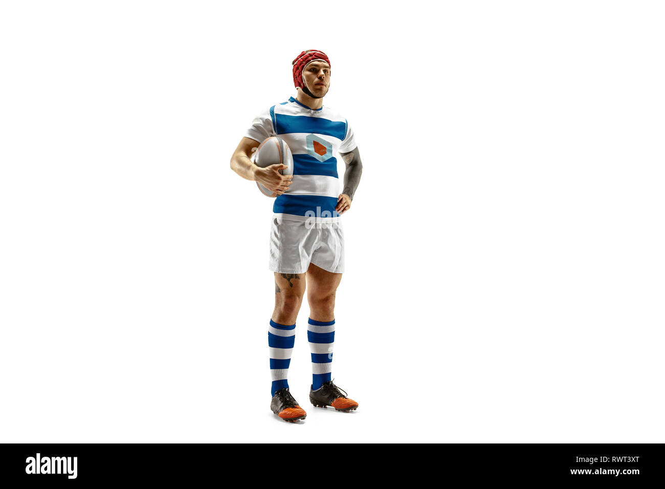 The silhouette of one caucasian rugby man player isolated on white ...