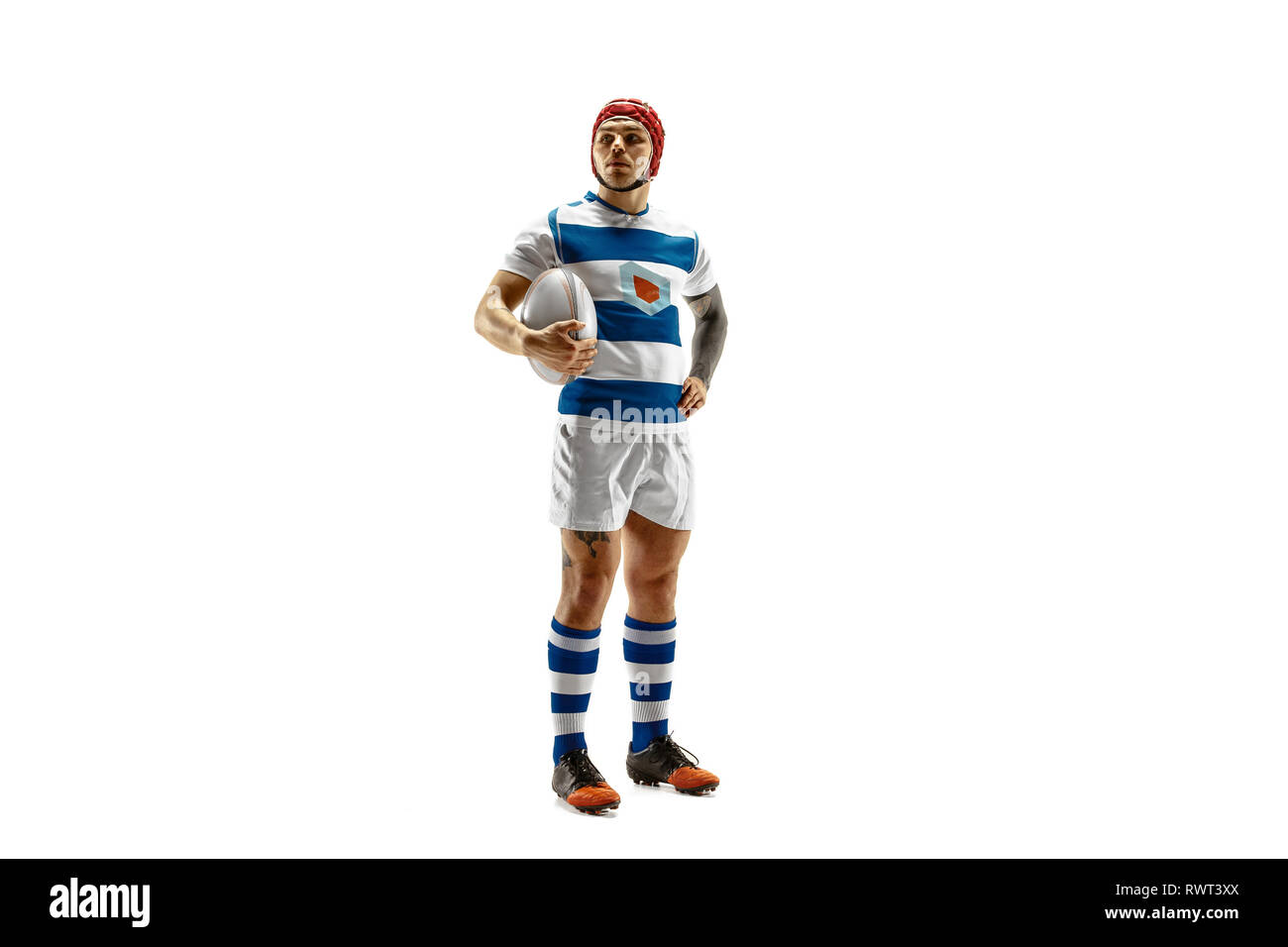 The silhouette of one caucasian rugby man player isolated on white ...