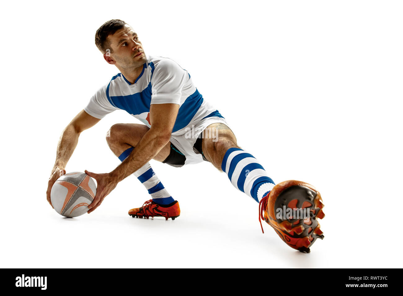 The silhouette of one caucasian rugby man player isolated on white ...